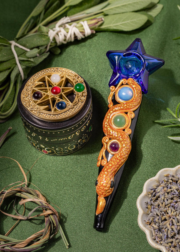 Golden Serpent Wand Pipe – 6" Star Bowl Pipe with Gemstones - Danu Wellness